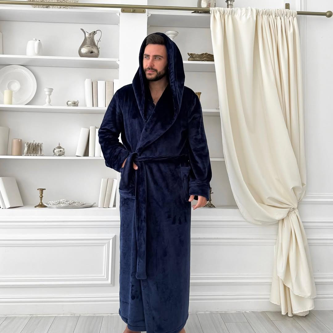 Dark Blue Velour Men's Hooded Robe - Soft Warm Bathrobe for Him - Ideal ...