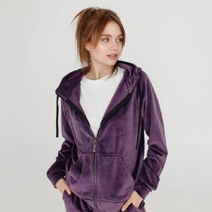 Purple Velour Tracksuit for Women - Comfortable Zip Hoodie & Pocketed ...