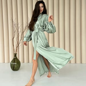 Elegant Mint Green Silk Bridal Robe - Wide Sleeve Satin Gown - Perfect ...
