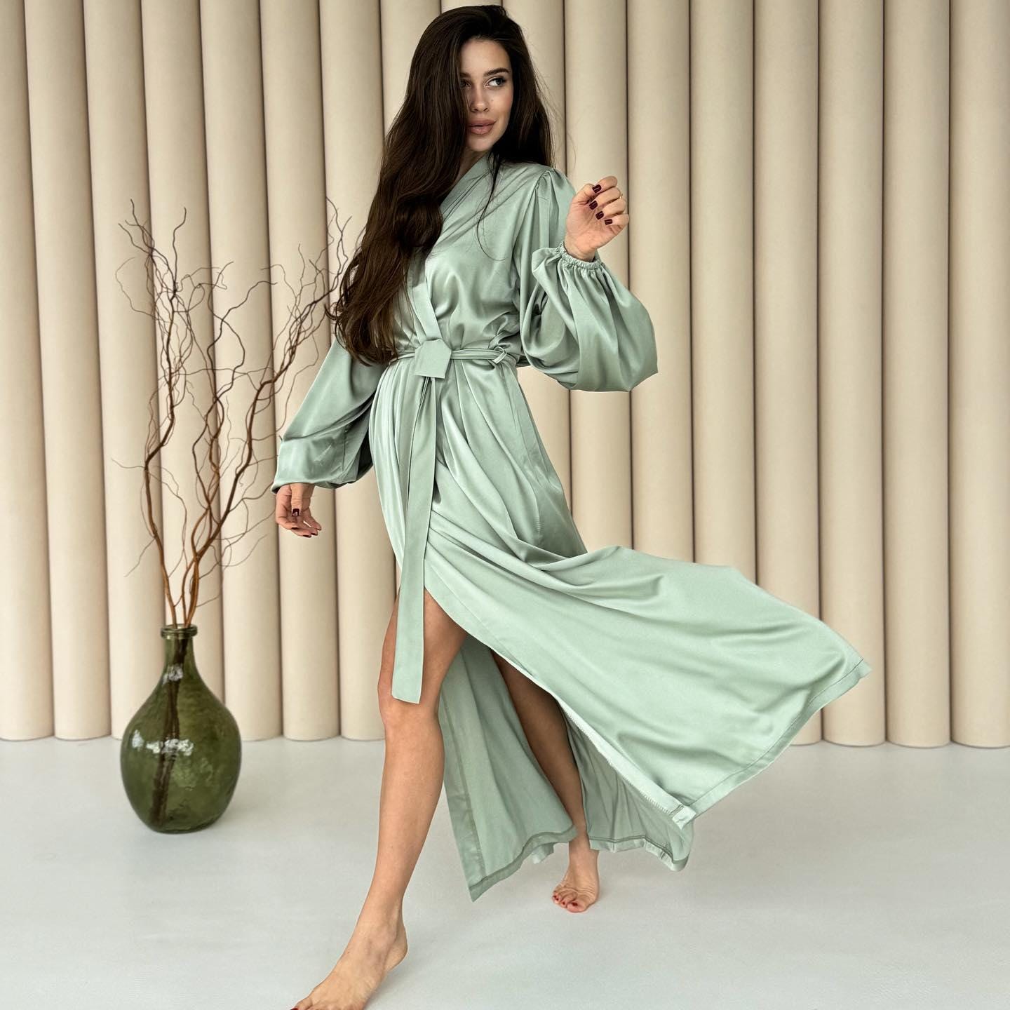 Luxurious Emerald Green Satin Robe - Elegant Wide Sleeve Gown for Her ...