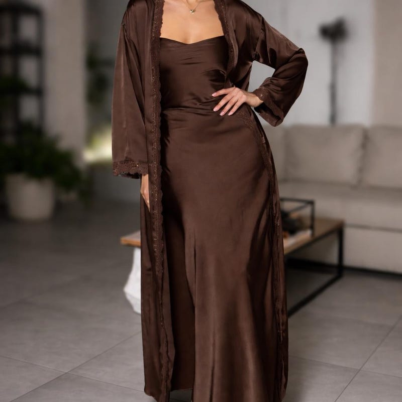 Brown Silk Robe Set - Etsy