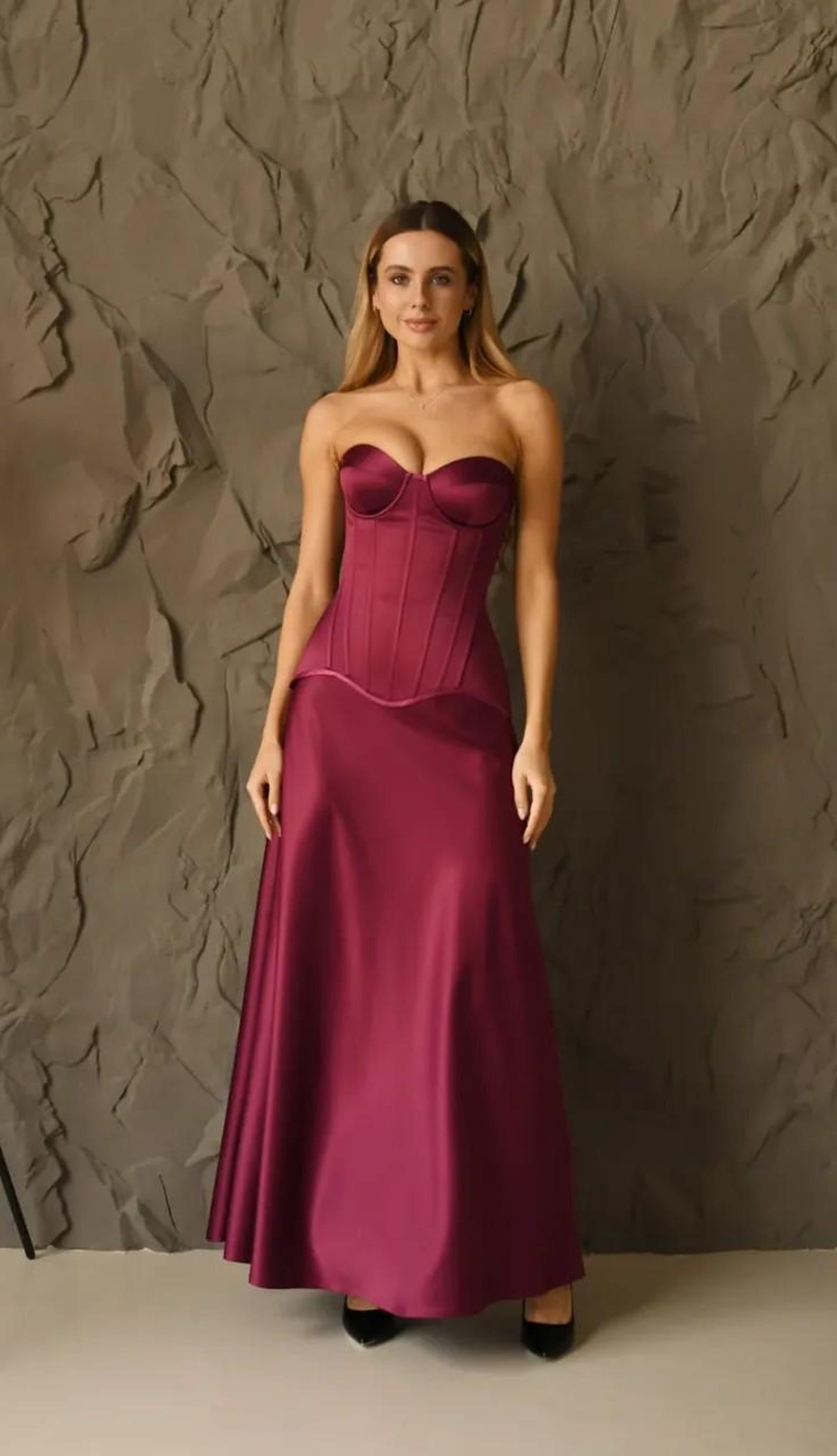 Maroon High Slit Corset Dress - Burgundy Satin Corset Top and Maxi ...