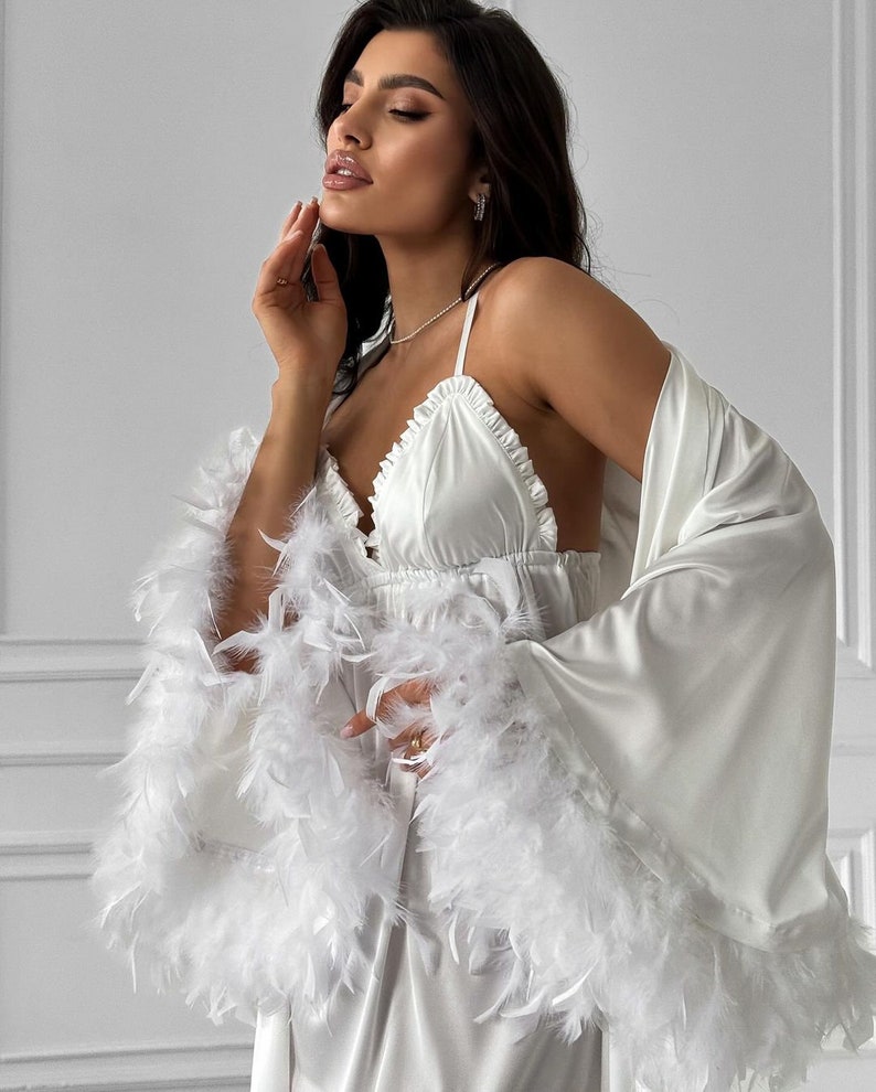 White Feather Robe Set Bridesmaid Robes With Nightdress Bride Nightgown ...