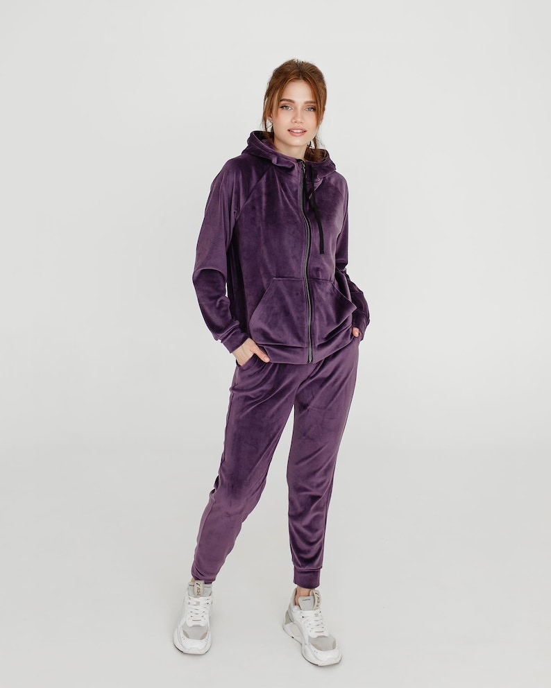 Purple Velour Tracksuit for Women - Comfortable Zip Hoodie & Pocketed ...
