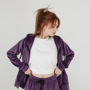 Purple Velour Tracksuit for Women - Comfortable Zip Hoodie & Pocketed ...