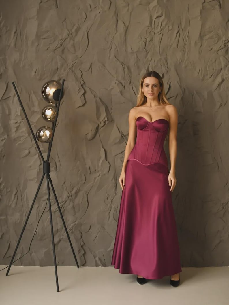 Maroon High Slit Corset Dress - Burgundy Satin Corset Top and Maxi ...