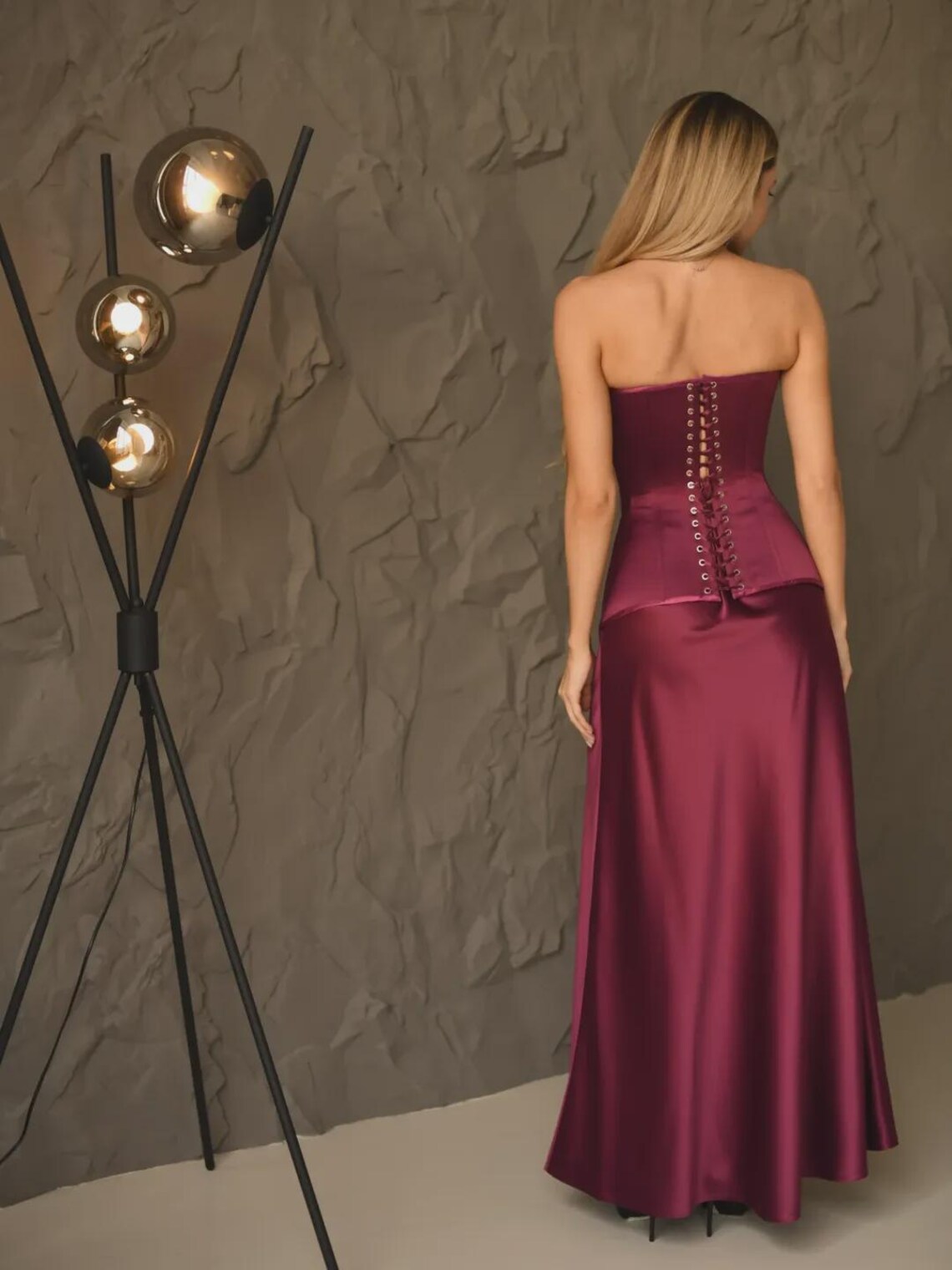 Maroon High Slit Corset Dress - Burgundy Satin Corset Top and Maxi ...