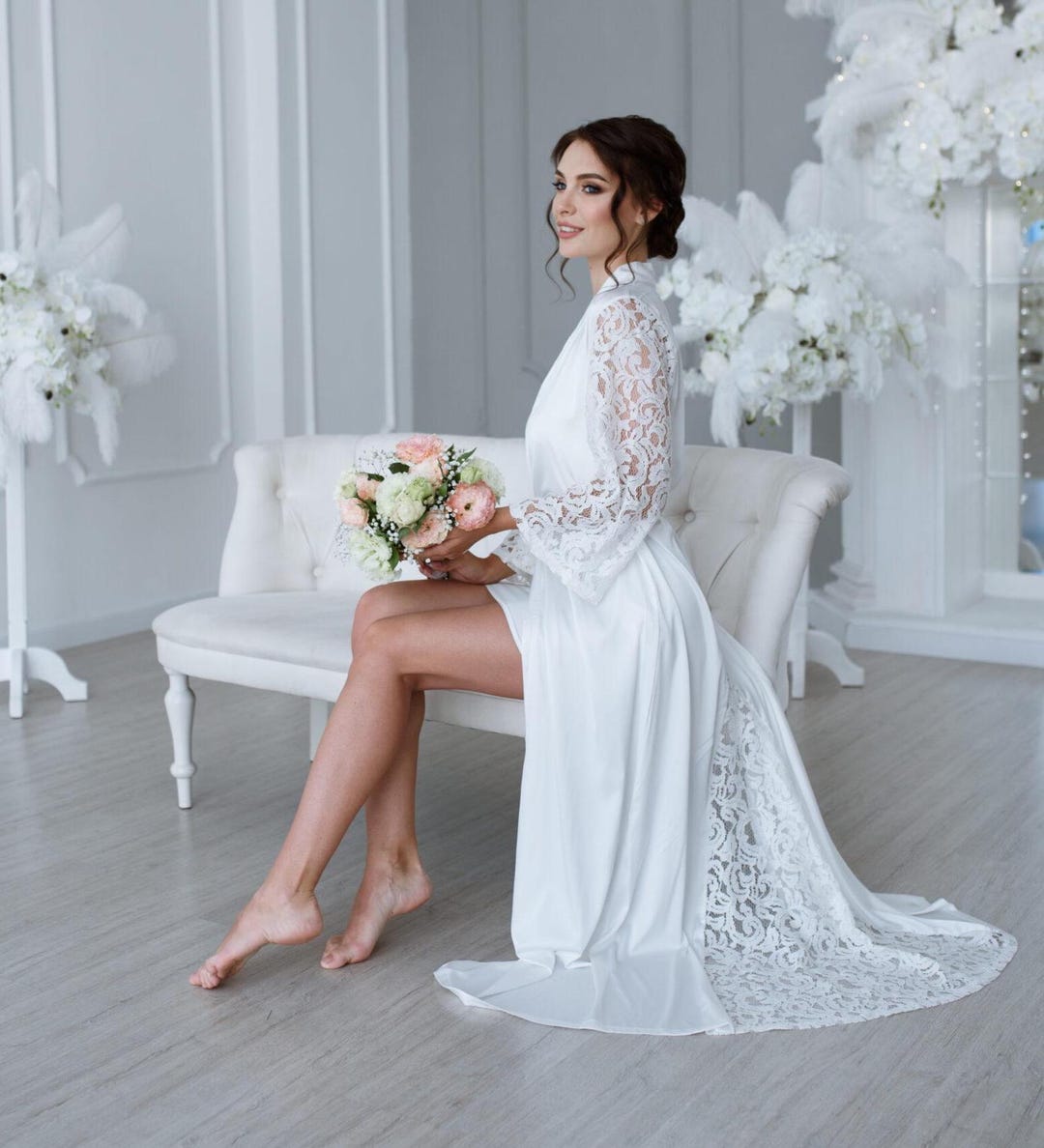 White Bride Robe and Peignoir Set - Bridesmaid Robes With Lace ...