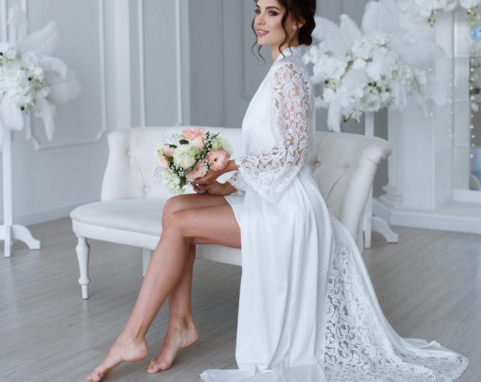 White Bride Robe and Peignoir Set - Bridesmaid Robes With Lace ...