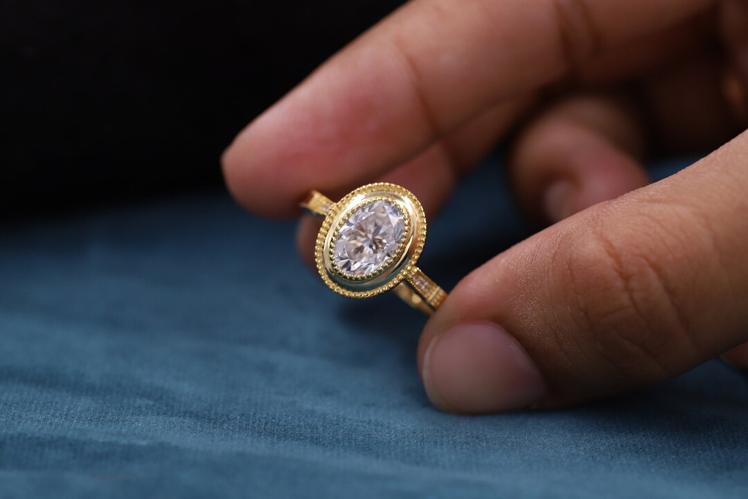 2.0 Ct Bezel Set Milgrain Oval Cut Full Bezel Set Engagement Ring ...