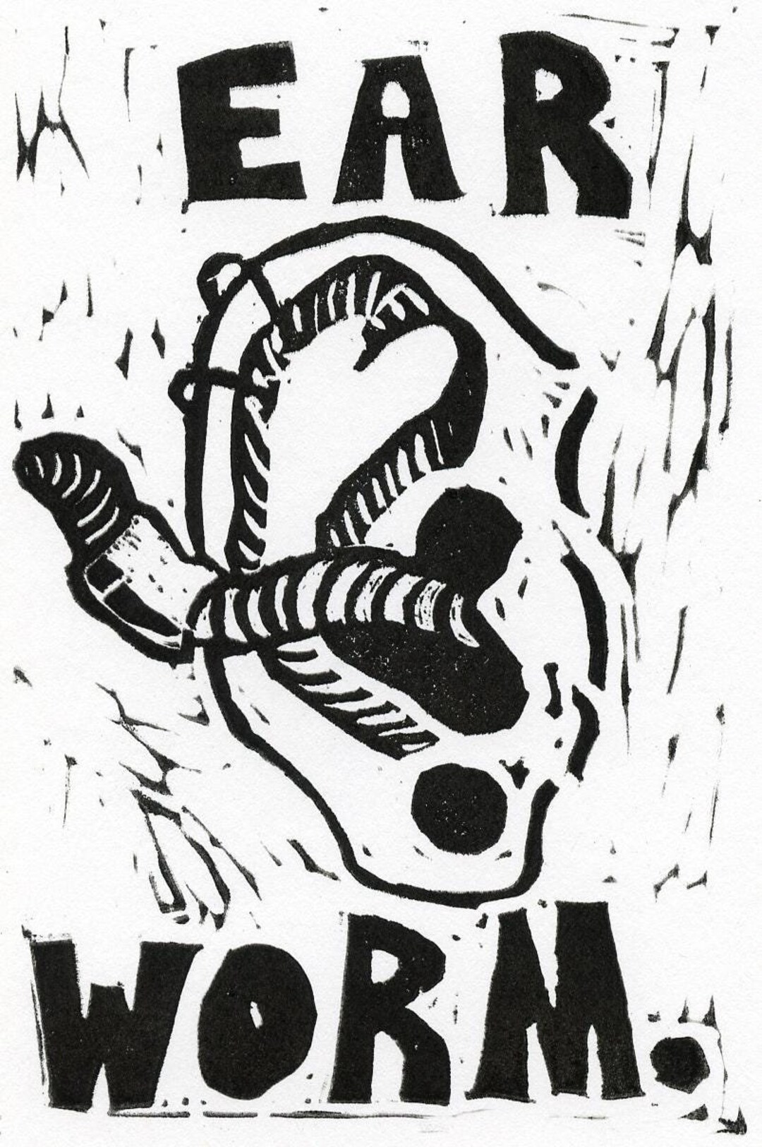 EAR WORM Linocut Print – Black Ink Block Print | Quirky Wordplay Art ...