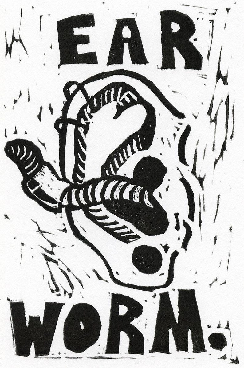 EAR WORM Linocut Print Black Ink Block Print Quirky Wordplay Art ...