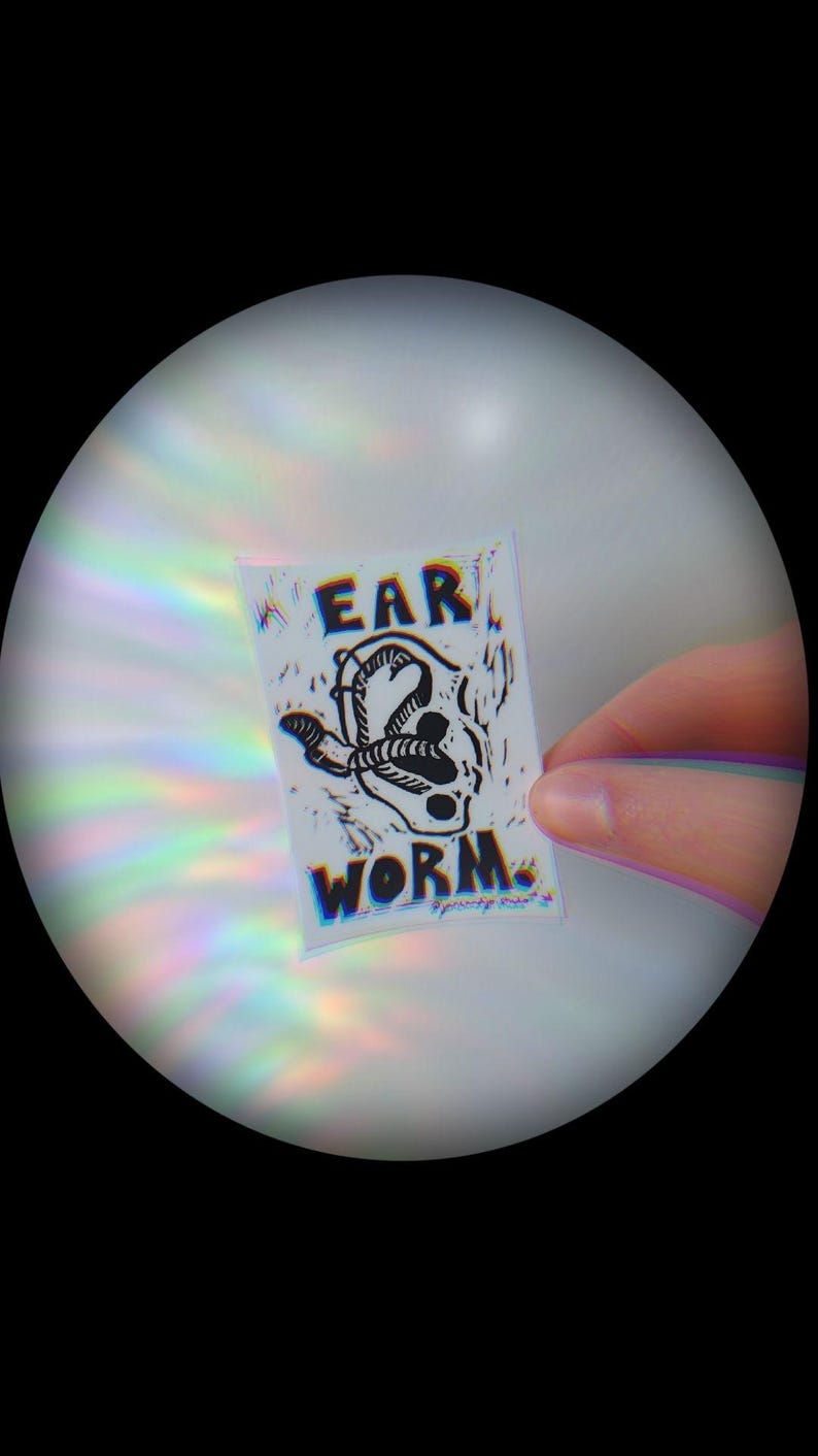 EAR WORM Linocut Sticker | Quirky Wordplay Art | Black Ink Design ...