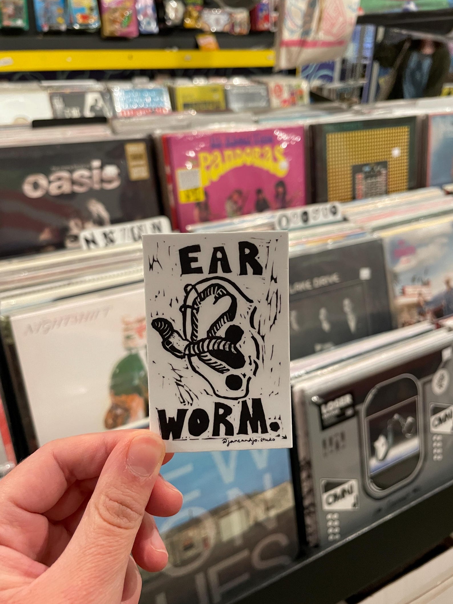 EAR WORM Linocut Sticker | Quirky Wordplay Art | Black Ink Design ...