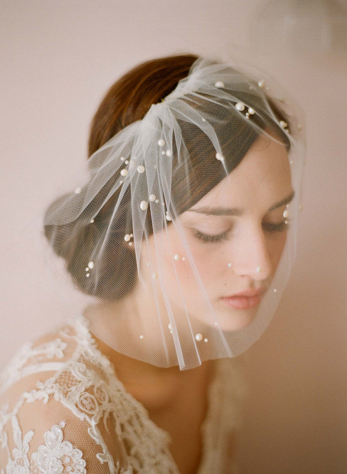 Bridal Tulle Veil With Pearl Beads - Mini Tulle Veil With Pearls ...