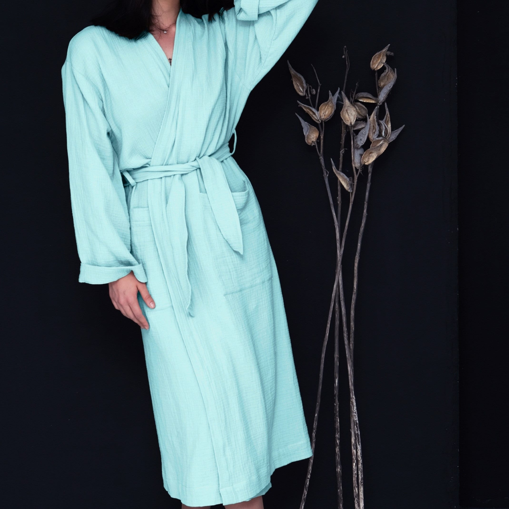 100% Light Blue Cotton Bath Robe, Soft Breathable Cotton Home Robe ...