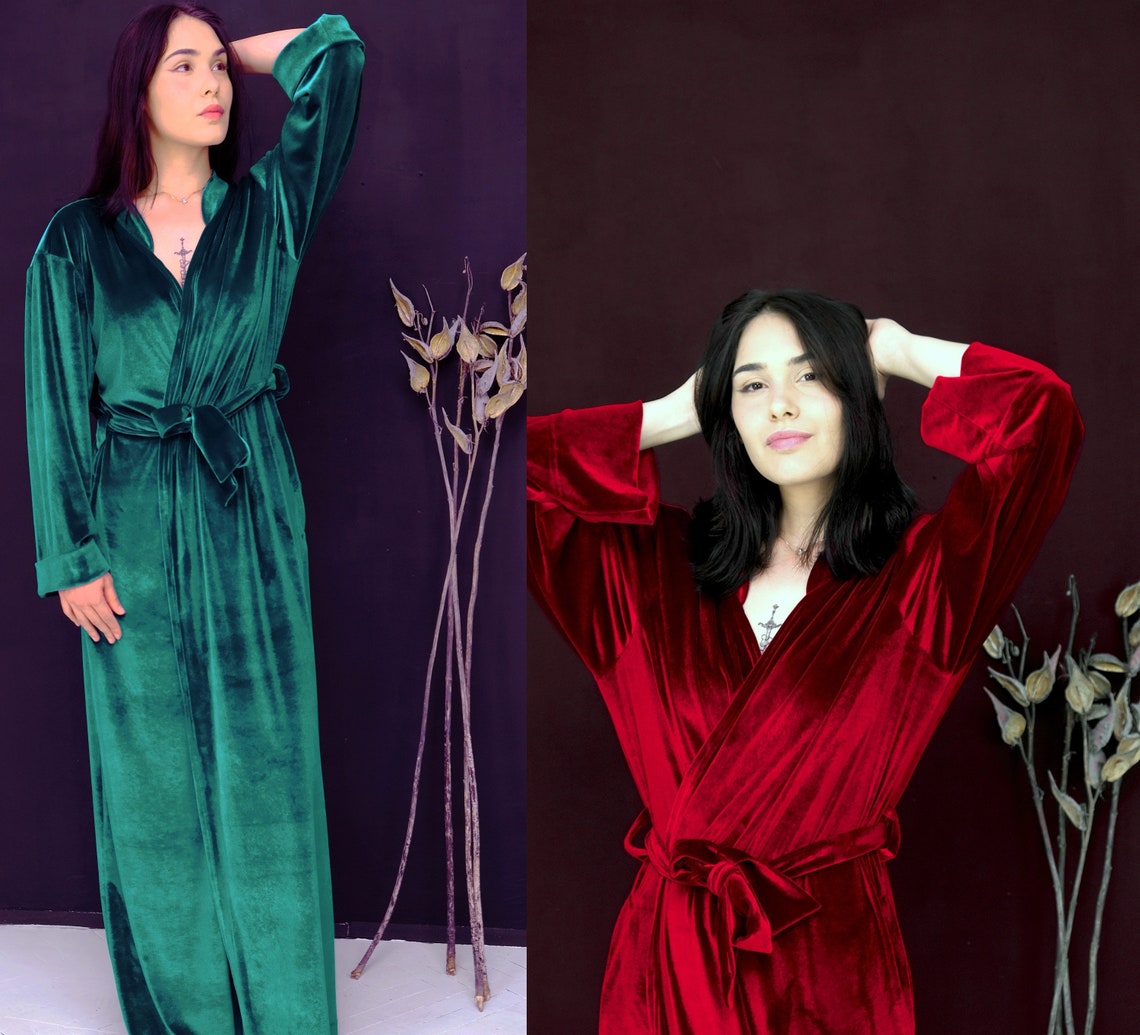 Maroon Red Velvet Robe, Floor Length Maxi Velvet Robe, Bridesmaid ...