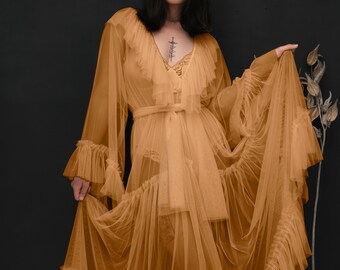 Light Blue Long Mesh Bridal Robe for Wedding, Tulle Ruffled Robe Bell ...