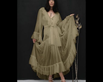 Light Blue Long Mesh Bridal Robe for Wedding, Tulle Ruffled Robe Bell ...