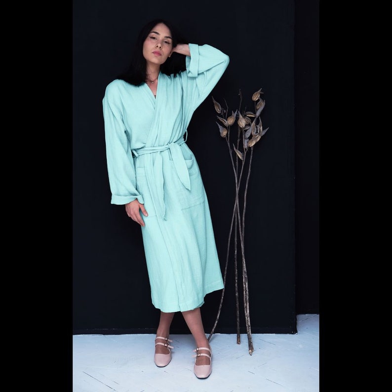 100% Light Blue Cotton Bath Robe, Soft Breathable Cotton Home Robe ...