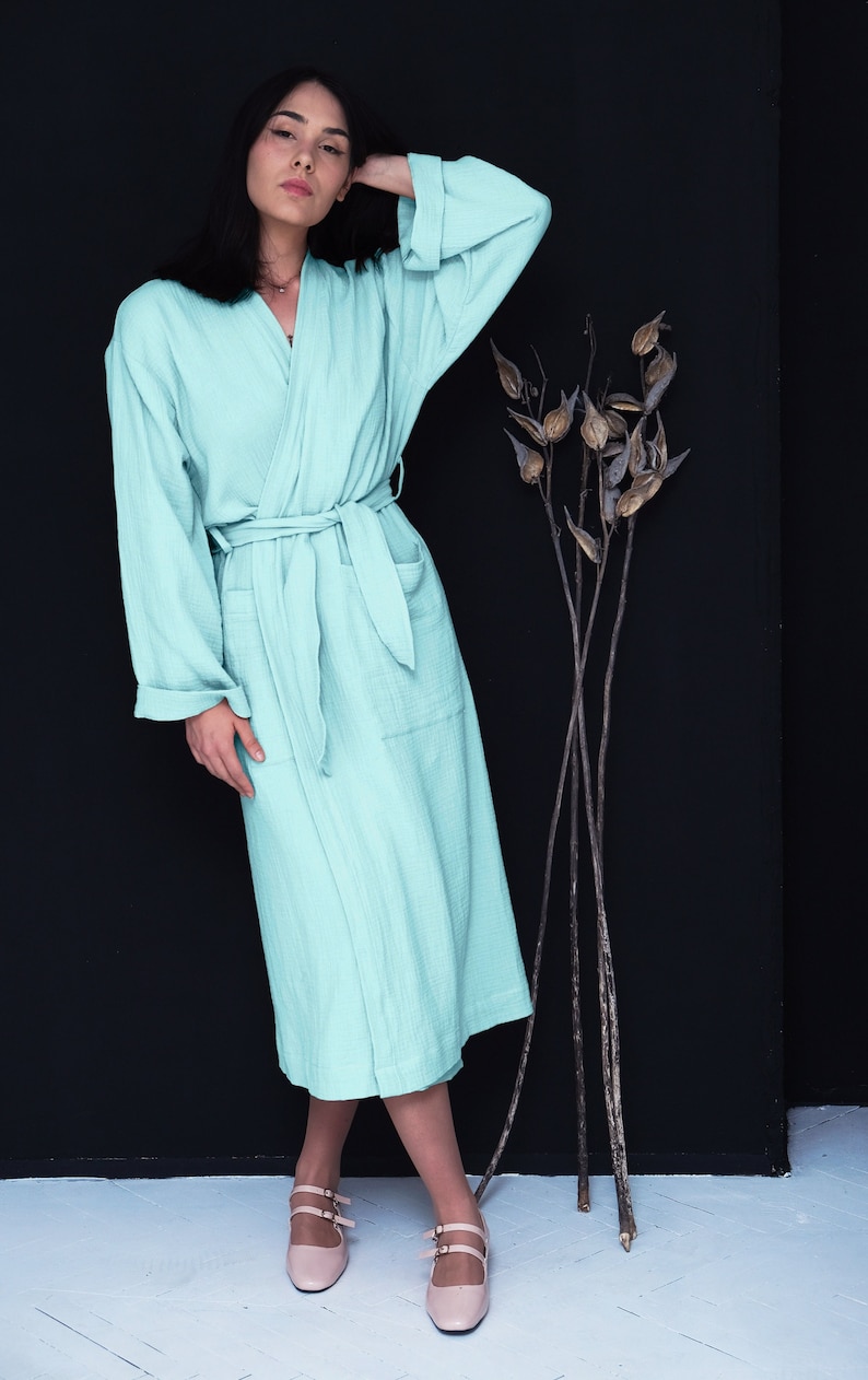 100% Light Blue Cotton Bath Robe, Soft Breathable Cotton Home Robe ...