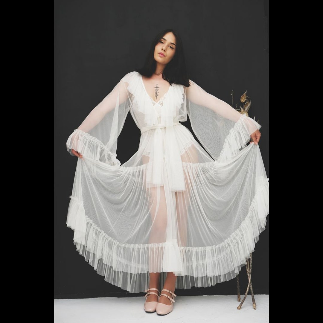 Ivory Long Mesh Bridal Robe for Wedding, Tulle Ruffled Robe Bell ...