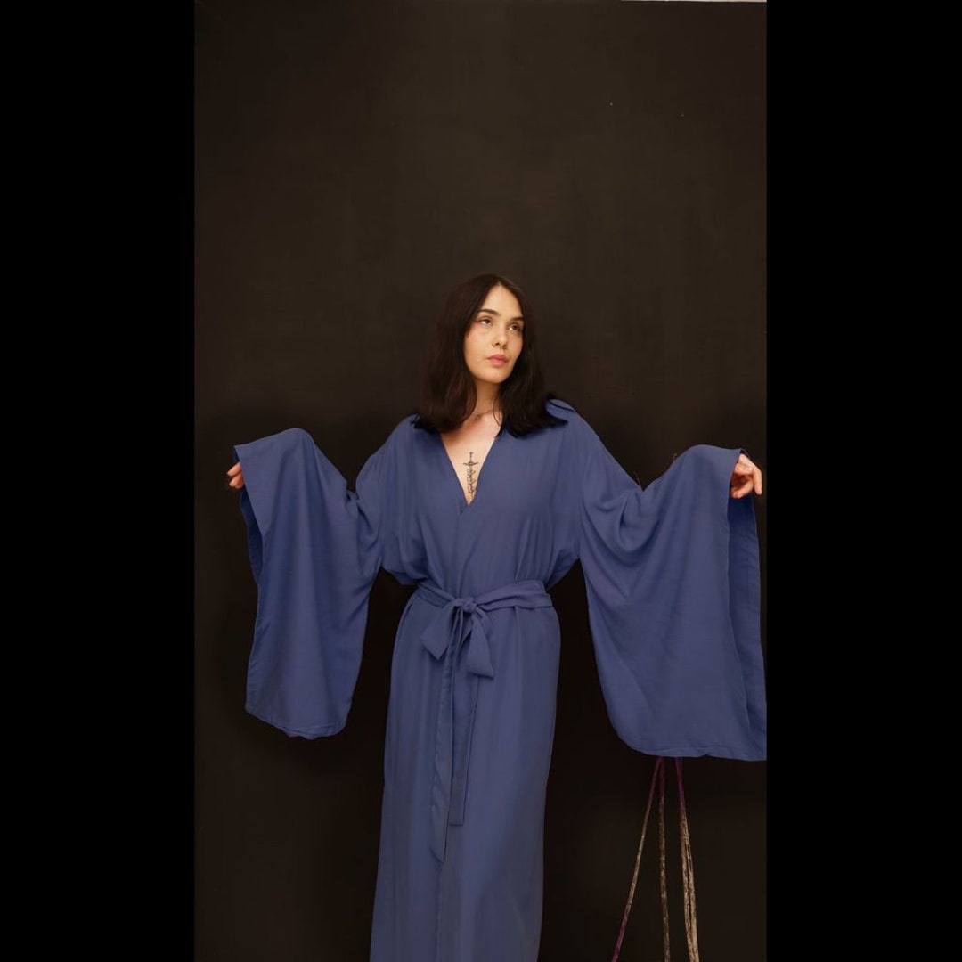 Blue Japanese Style Robe, Sustainable Lyocell Kimono, Maxi Robe, Bridal ...