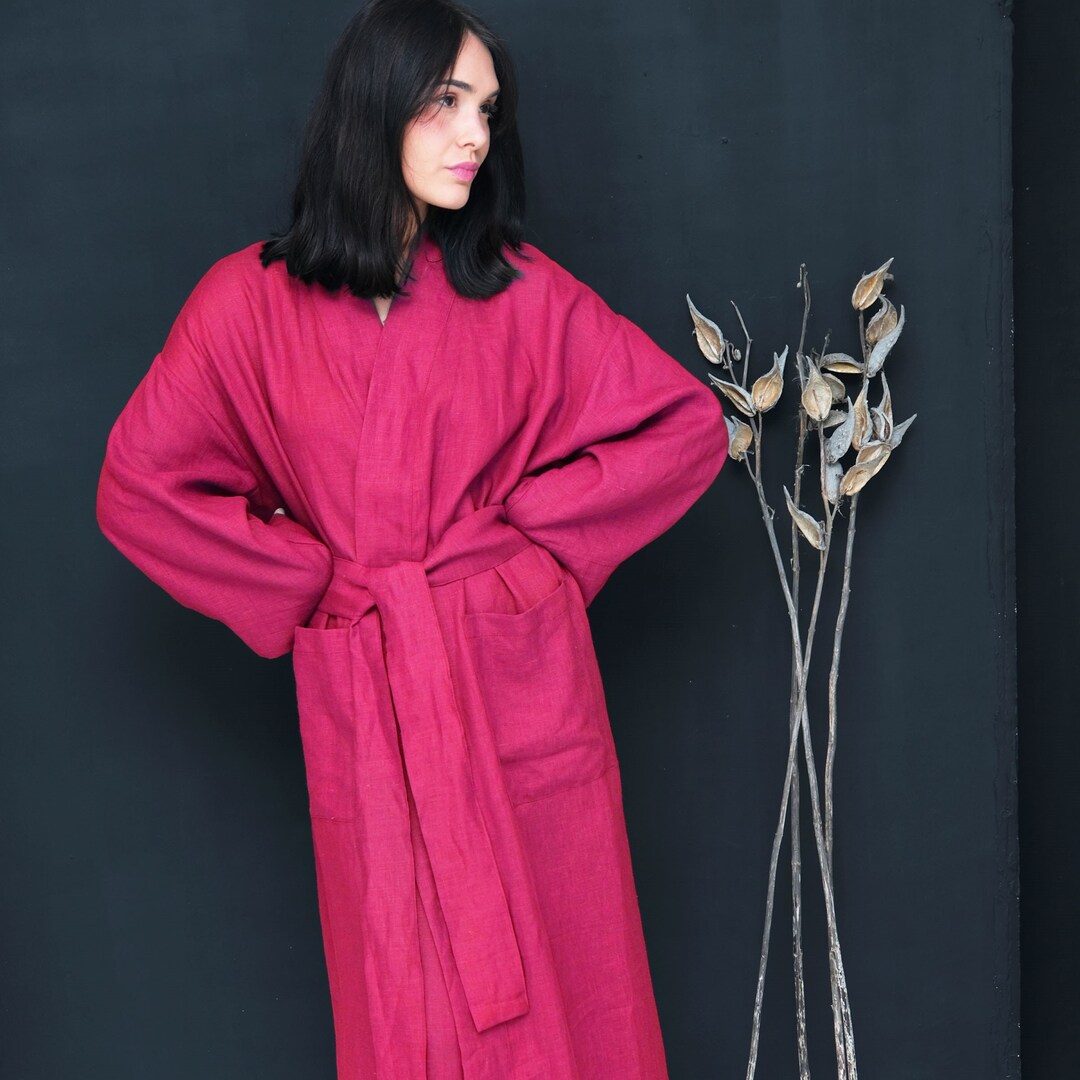 100 % Linen Raspberry Pink Robe, Classic Linen Kimono Robe, Pocket ...