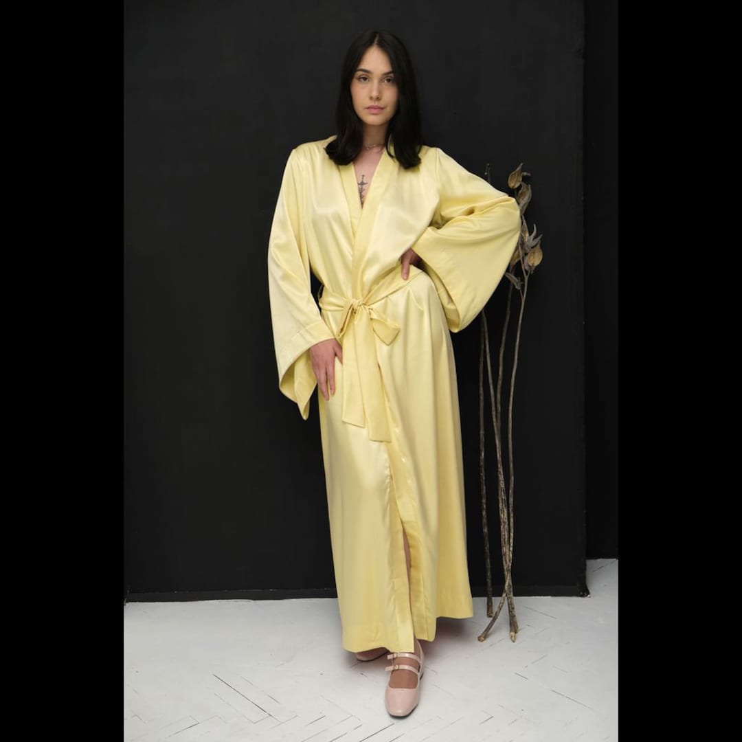 Yellow Satin Flared Sleeves Robe, Bridesmaid Satin Gown, Luxury Satin ...