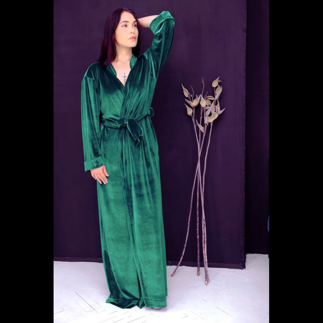 Green Velvet Robe, Maxi Velvet Robe, Bridesmaid Velvet Gown, Elegant ...