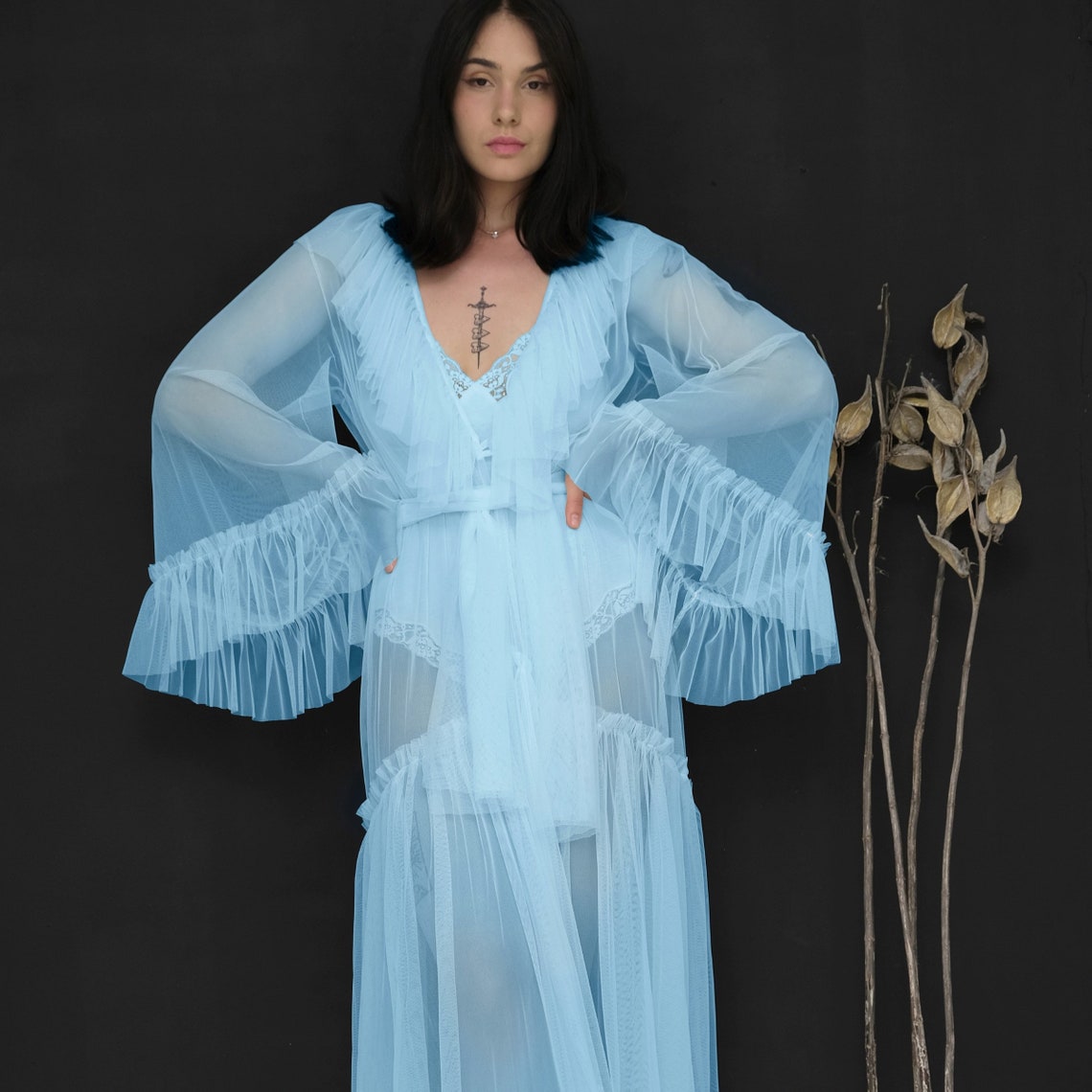 Light Blue Long Mesh Bridal Robe for Wedding, Tulle Ruffled Robe Bell ...