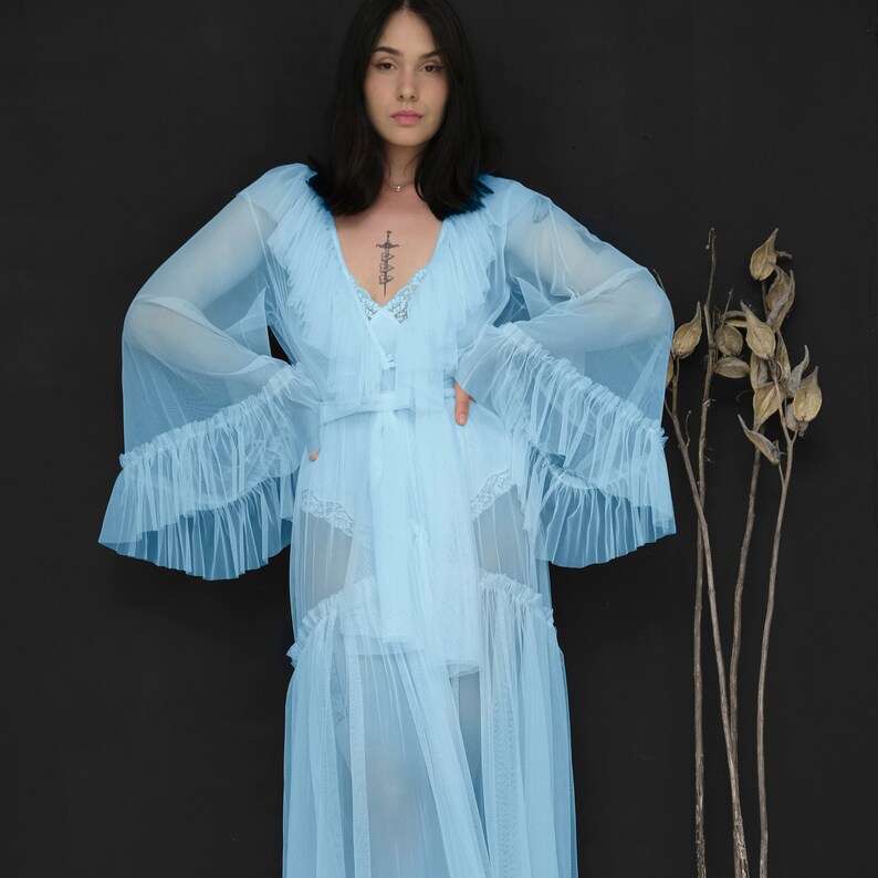 Light Blue Long Mesh Bridal Robe for Wedding, Tulle Ruffled Robe Bell ...
