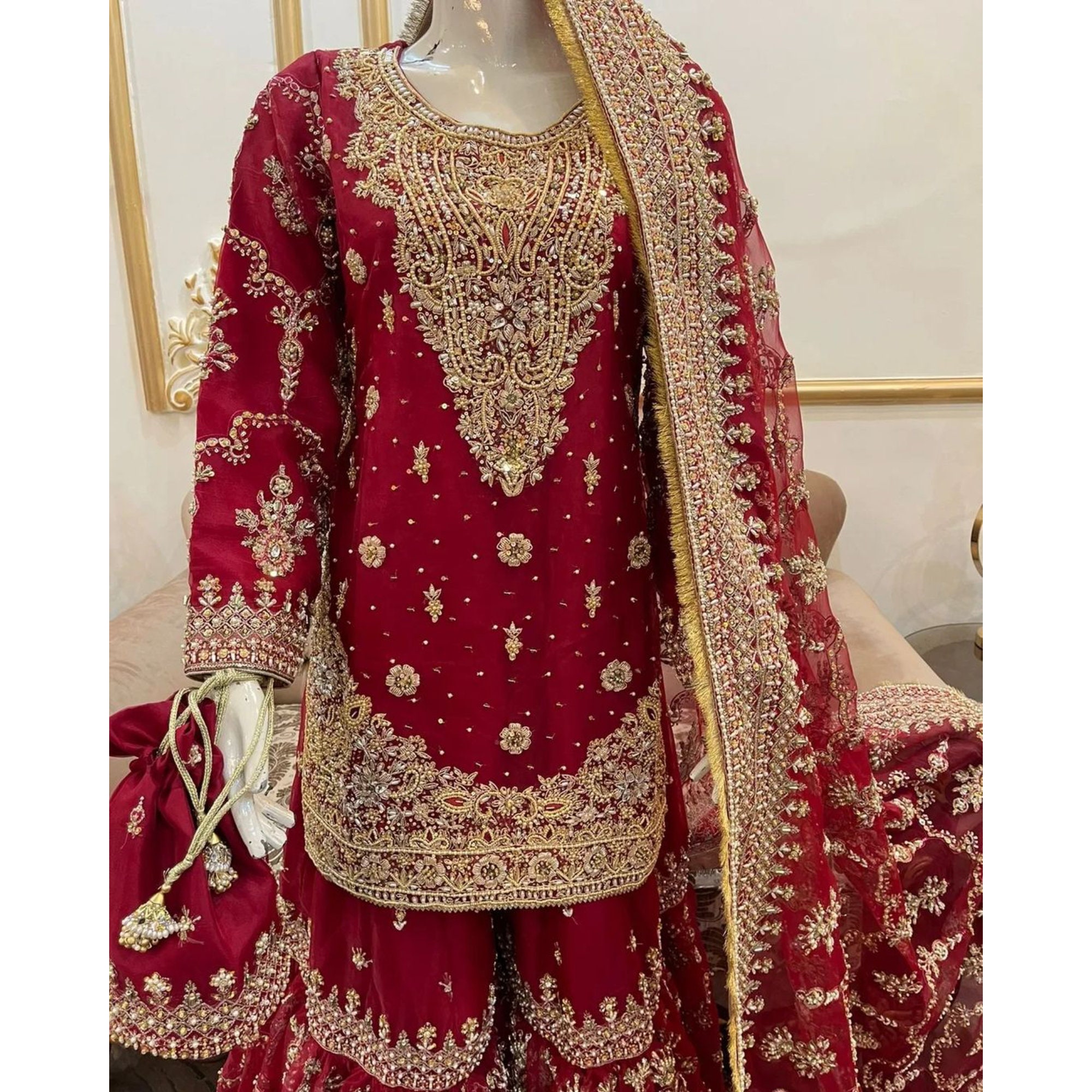 Sharara Bridal Dress Sequin Embroidered, Heavy Net Dupatta and Palazzo ...