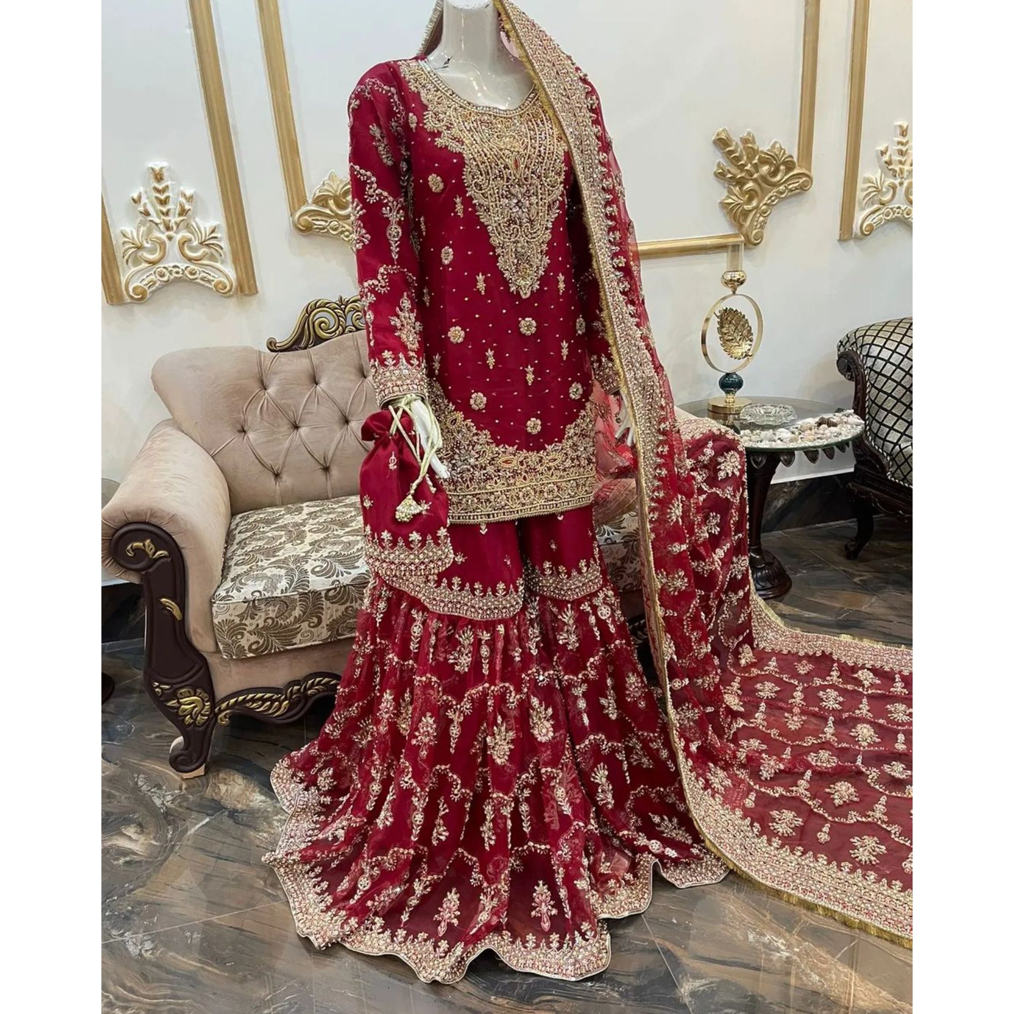 Sharara Bridal Dress Sequin Embroidered, Heavy Net Dupatta and Palazzo ...