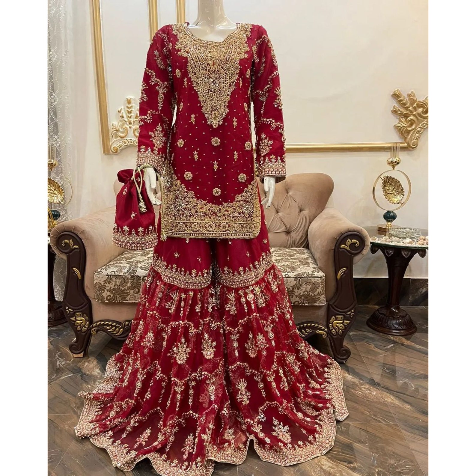 Sharara Bridal Dress Sequin Embroidered, Heavy Net Dupatta and Palazzo ...