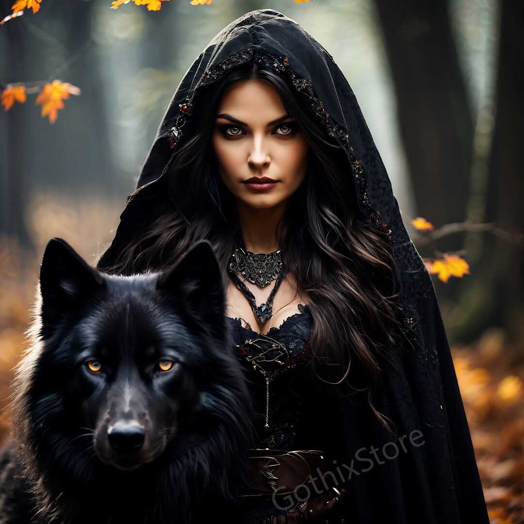 Gothic Girl With Black Wolf, Dark Fantasy Portrait, Digital Download ...