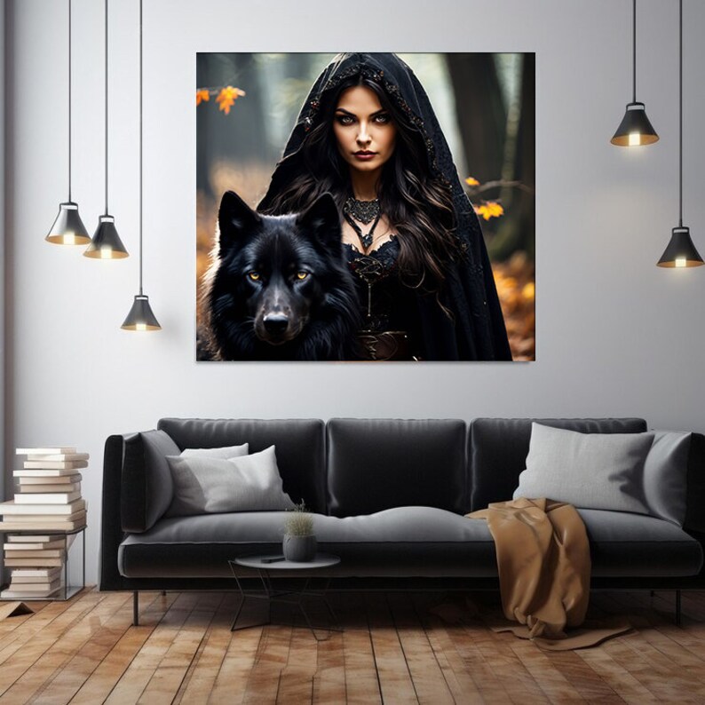 Gothic Girl With Black Wolf, Dark Fantasy Portrait, Digital Download ...