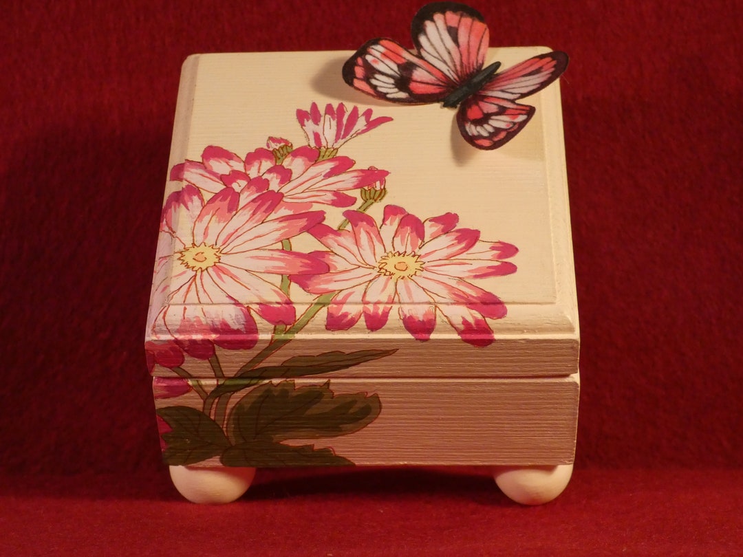 Butterfly Box With Painted Pink Flowers, Floral Wooden Box With Cloth ...