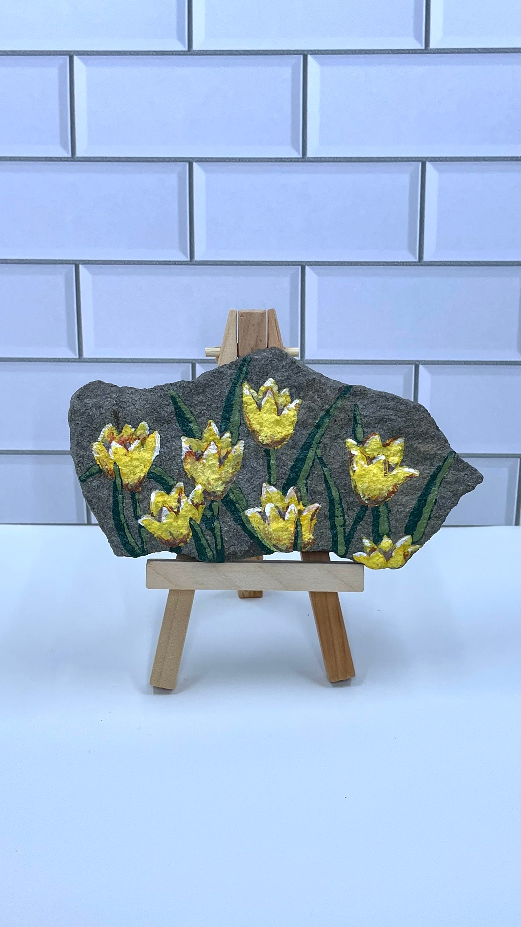 Painted Tulips on Stone With Easel, Flower Painting on Stone, Tulip ...