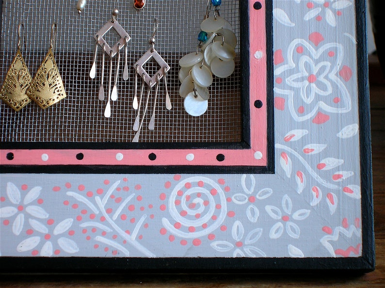 Pink and Grey Earring Stand, Table Top Earring Organizer, Wooden Hand ...