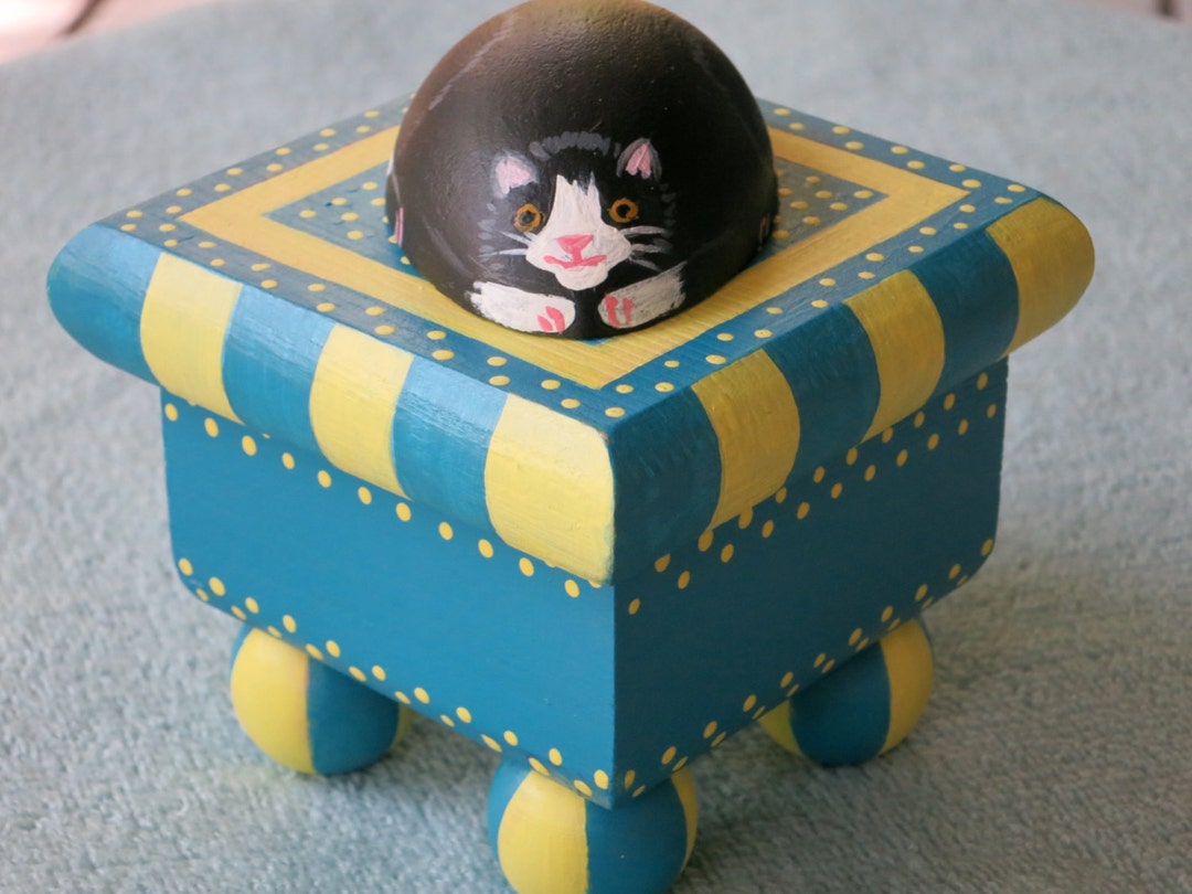 Cute Hand Painted Cat Jewelry Box, Wooden Blue and Yellow Box With Cat ...