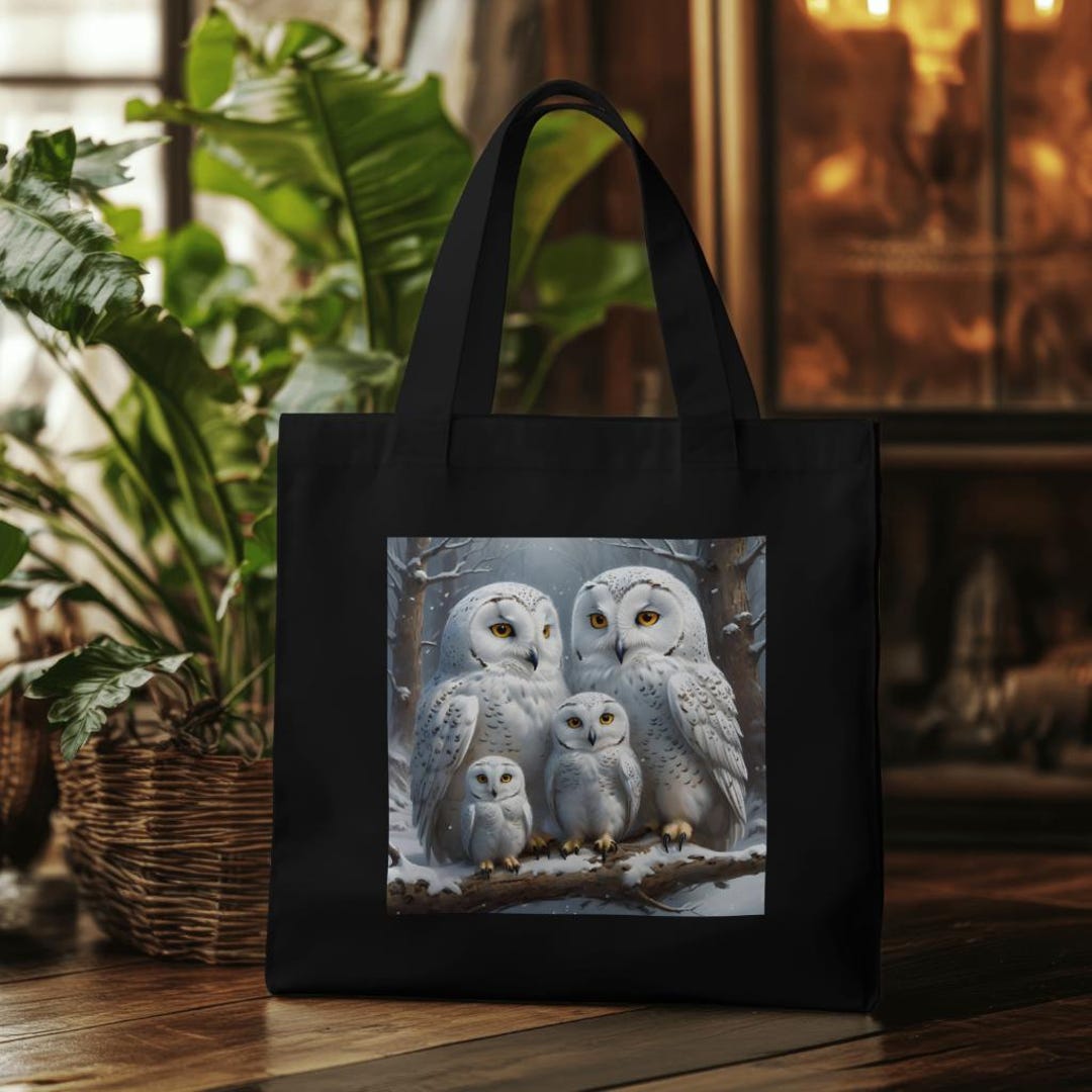 Snow Owls Cotton Canvas Tote Bag - Family of Owls Shopping Bag, Winter ...