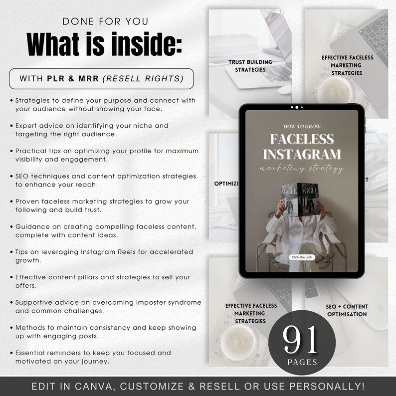 Faceless Instagram Growth Starter Guide MRR PLR Digital Social Media Marketing DFY Canva Ebook ...