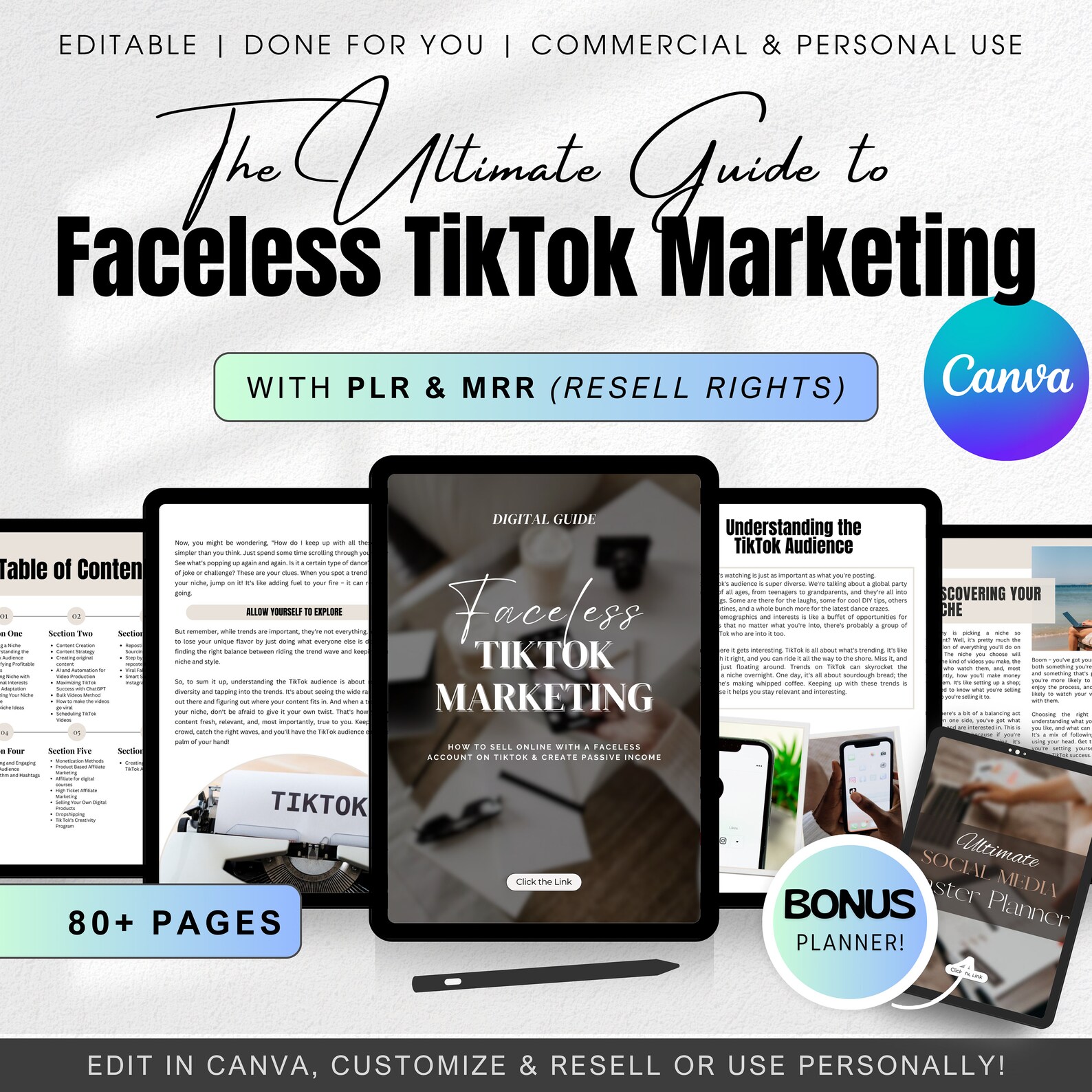 Faceless Tiktok Growth Marketing Guide MRR PLR Digital Social Media Managing DFY Canva Ebook ...