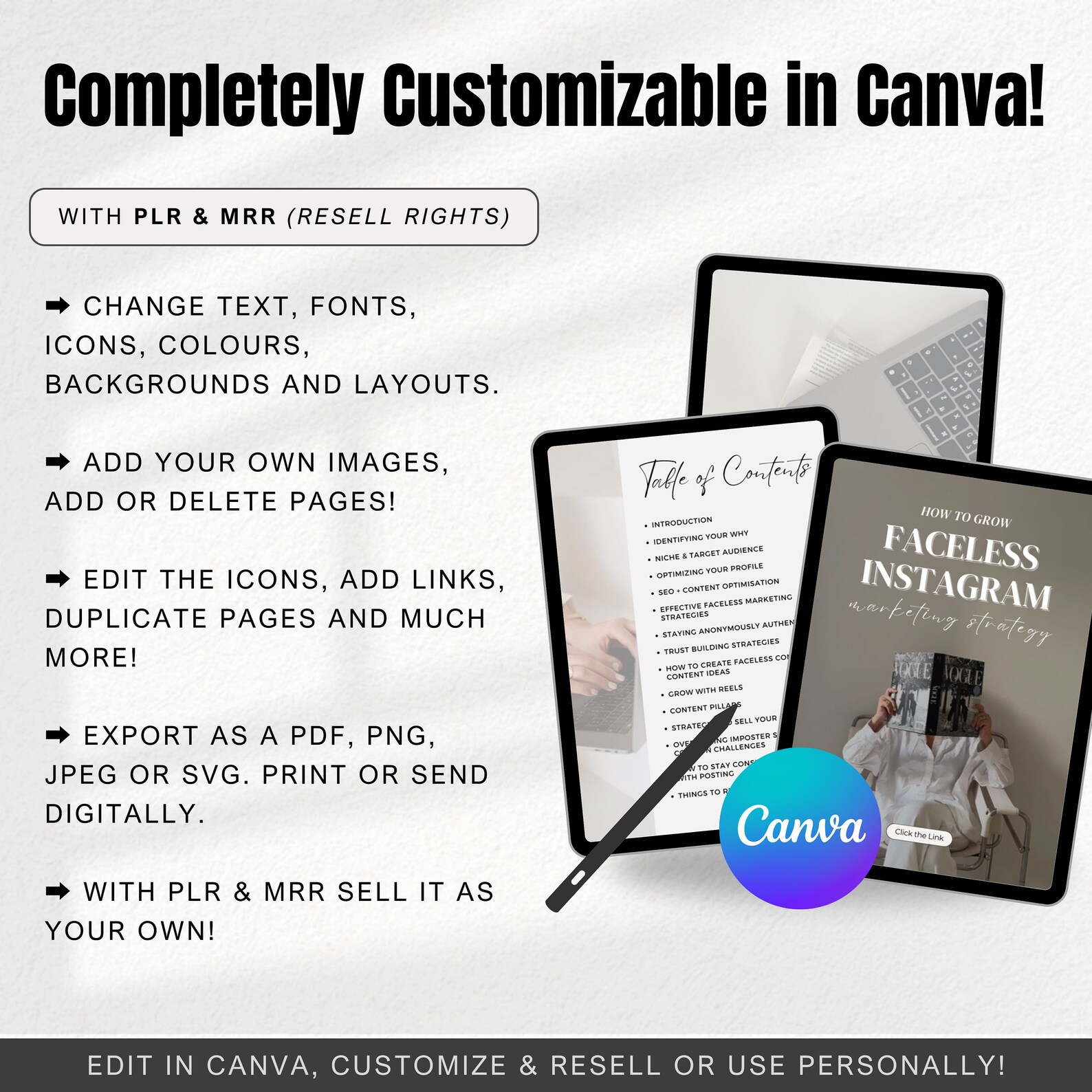 Faceless Instagram Growth Starter Guide MRR PLR Digital Social Media Marketing DFY Canva Ebook ...