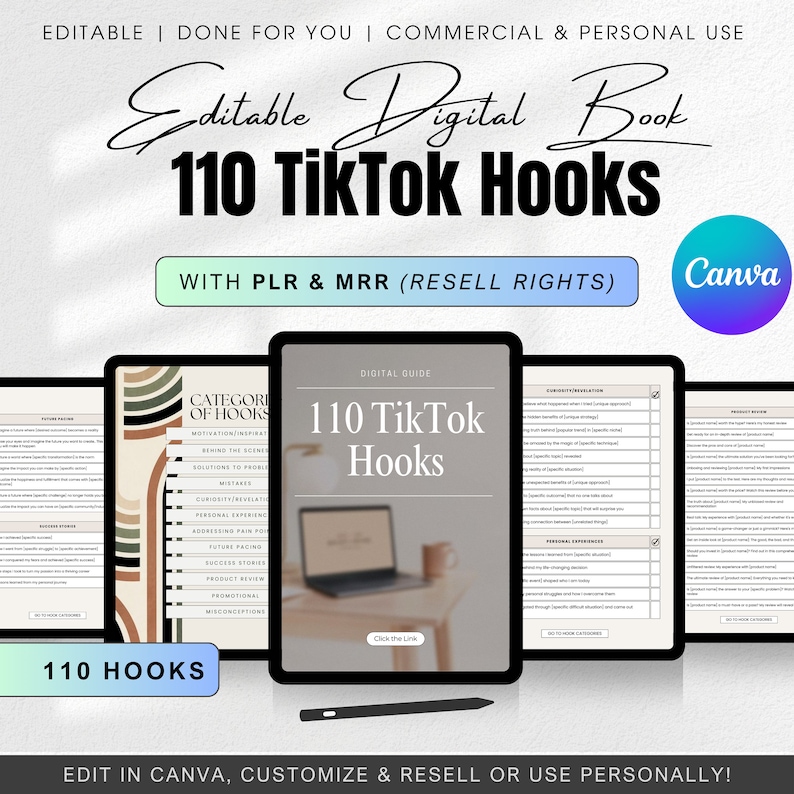 110 Tiktok Hooks Editable Ready-to-use Digital Guide | Social Media Growth Strategy, Dfy PLR MRR ...
