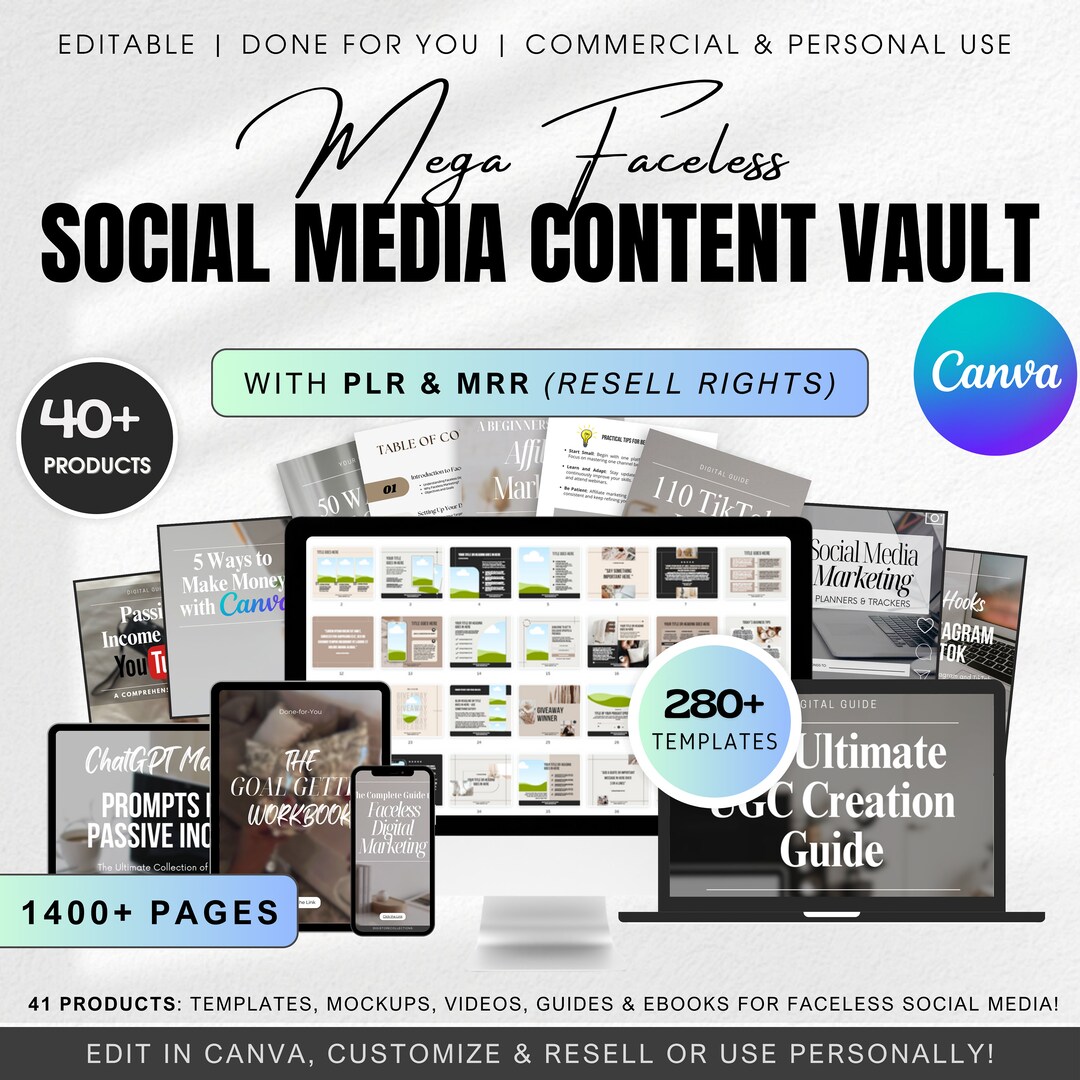 Faceless Social Media Content Vault MRR Resale Digital Products Bundle ...