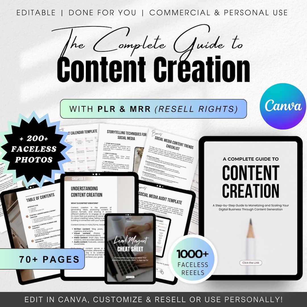 Complete Guide to Content Creation PLR MRR Ebook, Done for You Digital Product, Editable Canva ...