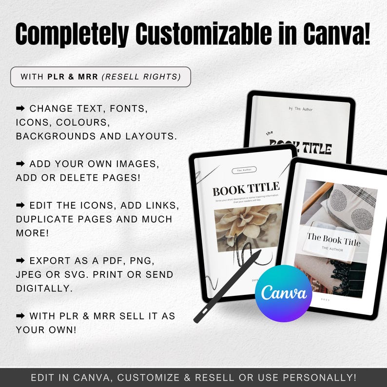 50+ Editable Canva Book Cover Title Page Templates Master Resell Rights ...