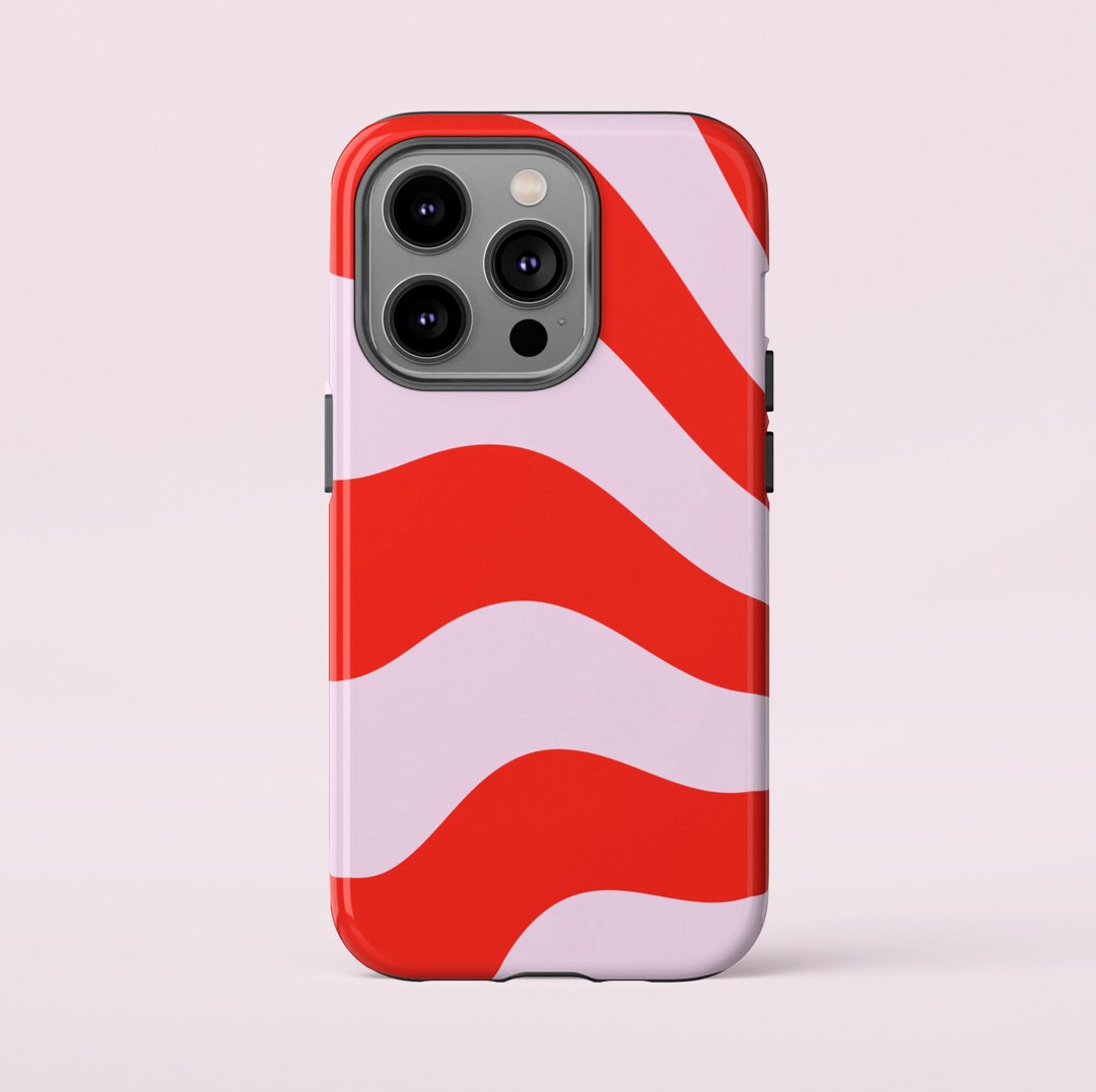 Retro Wavy Line Phone Case: Red and Pink Dual Layer Cover - Etsy
